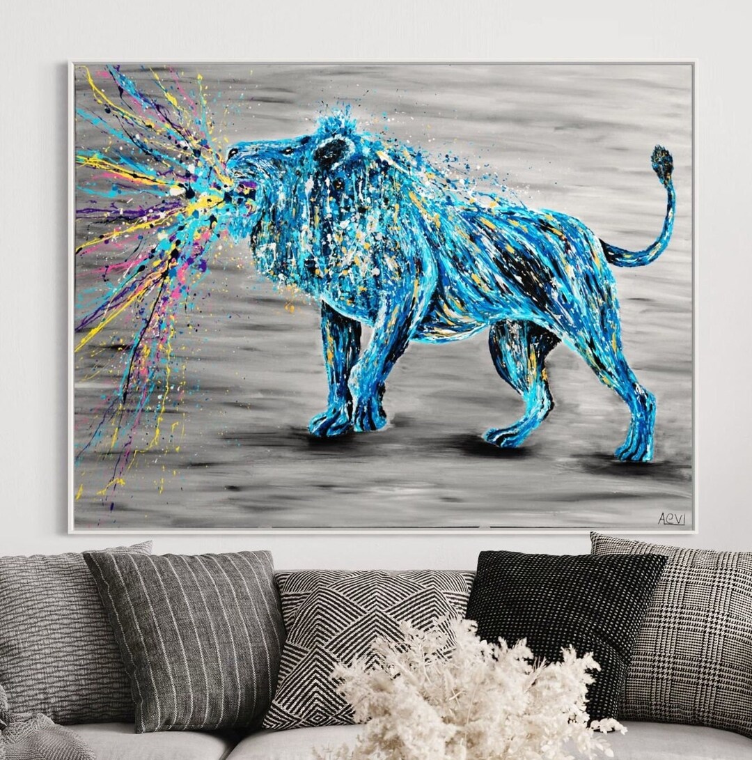 Roaring Lion Canvas Wall Art, Abstract Blue Lion Painting, Splatter ...