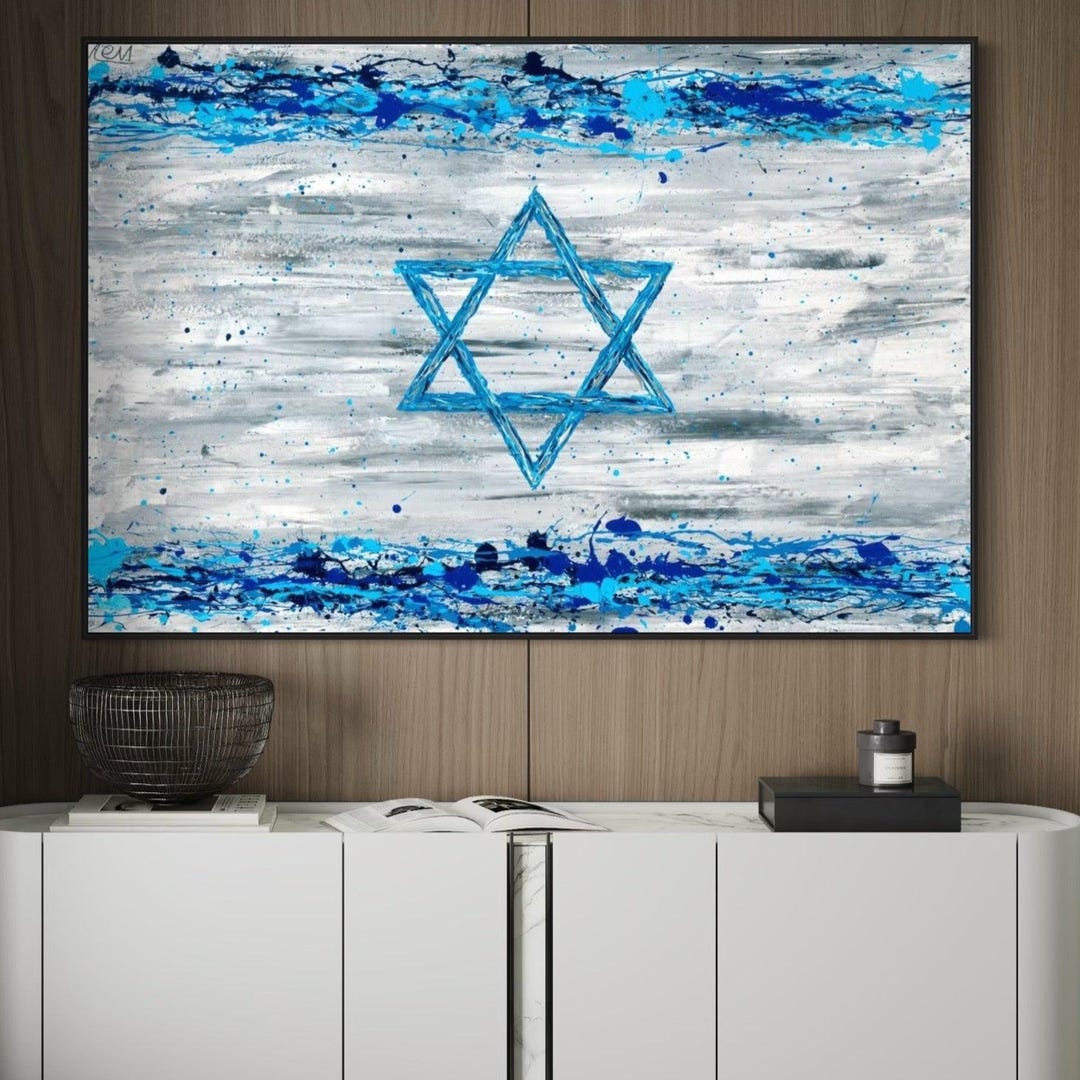 Israeli Flag Wall Art, Modern Jewish Star of David Painting, Abstract ...
