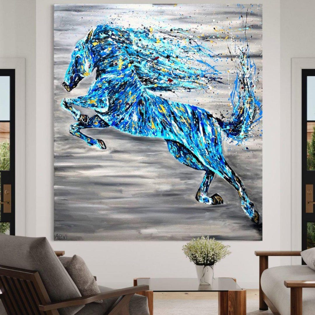 Majestic Jump - Vibrant Blue Abstract Art, Horse Expressionist Wall Art ...