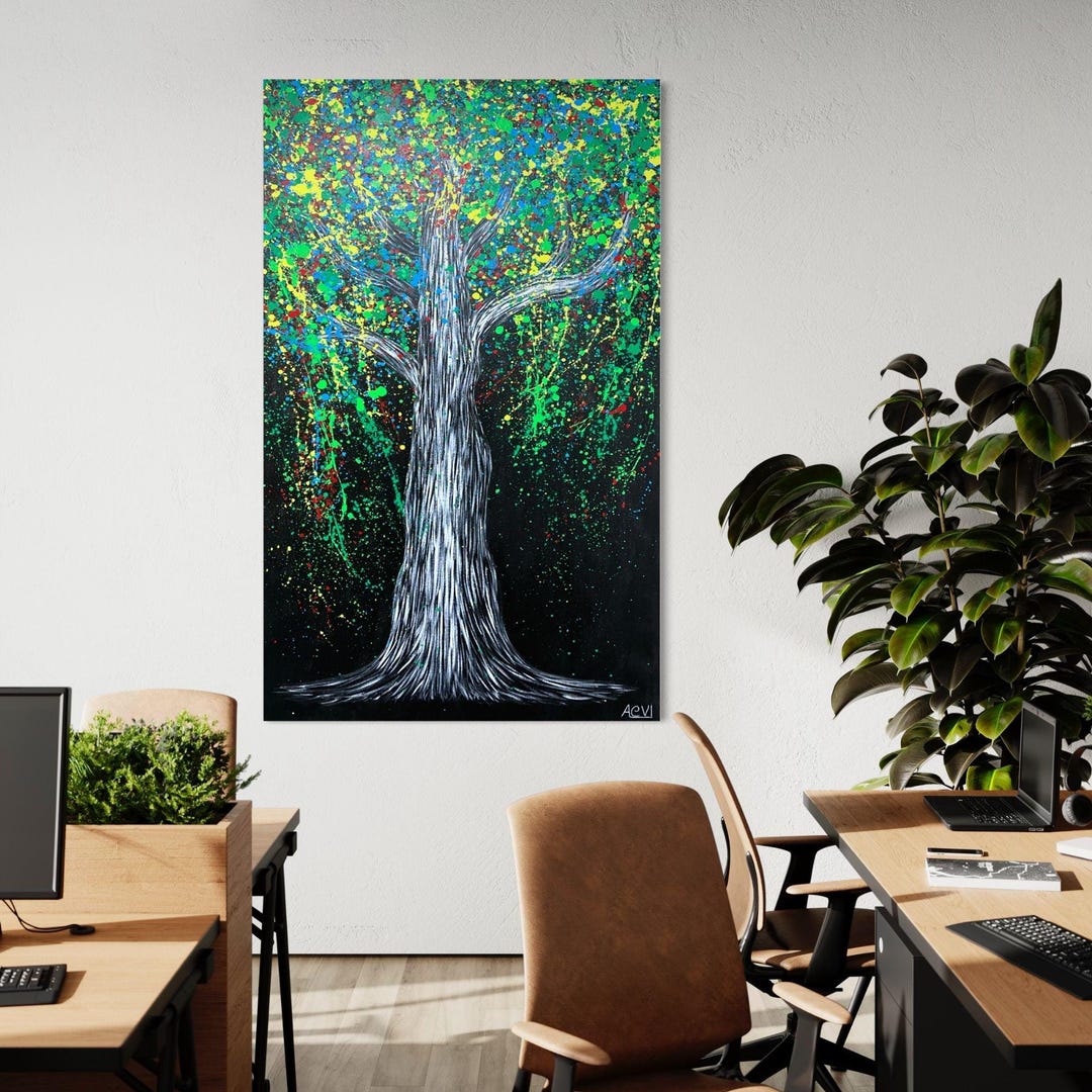 Vertical Tree of Life Wall Art, Greenery Luminous Abstract Tree ...