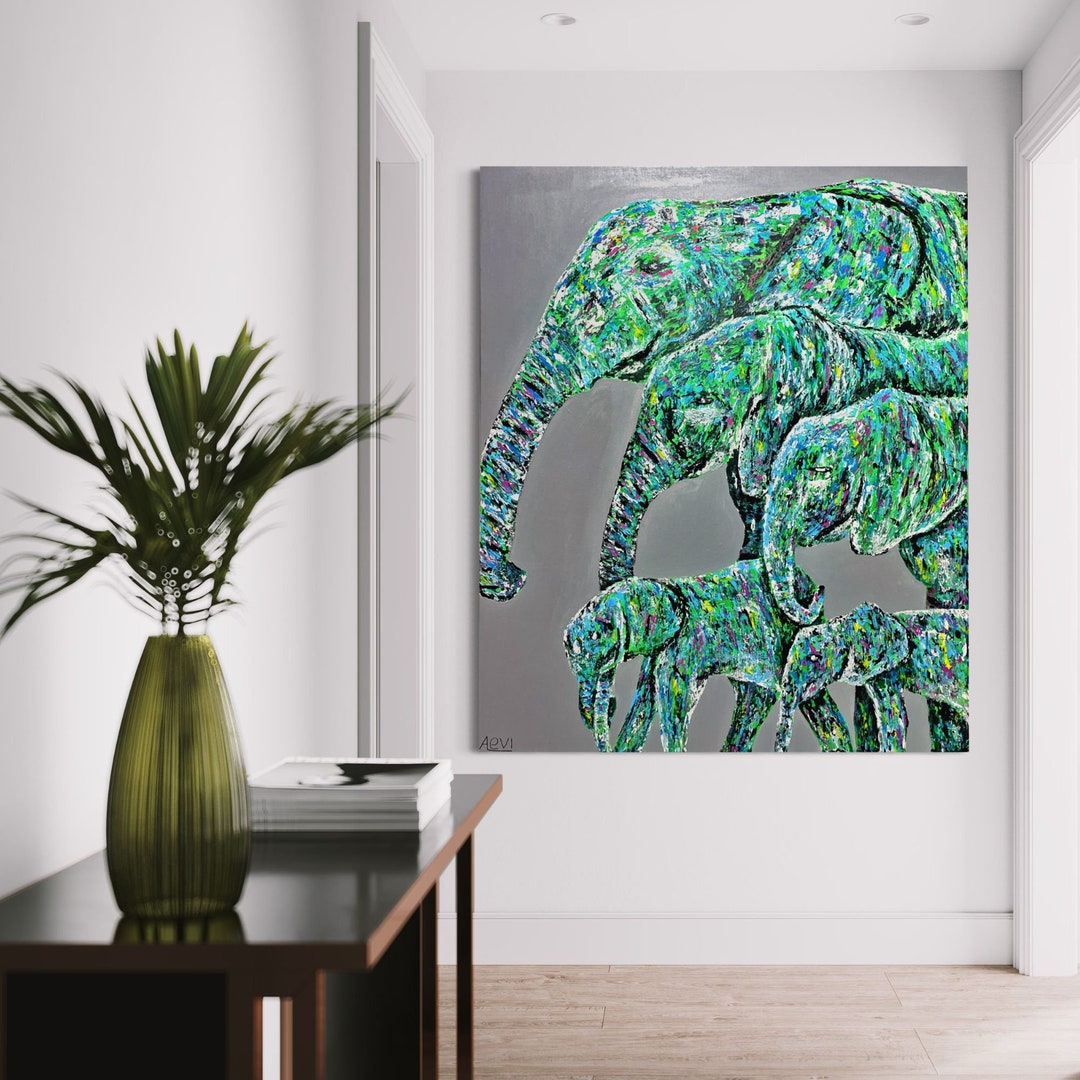 ELEPHANT FAMILY of Five Rolled Print on Canvas Wall ART Gift for ...