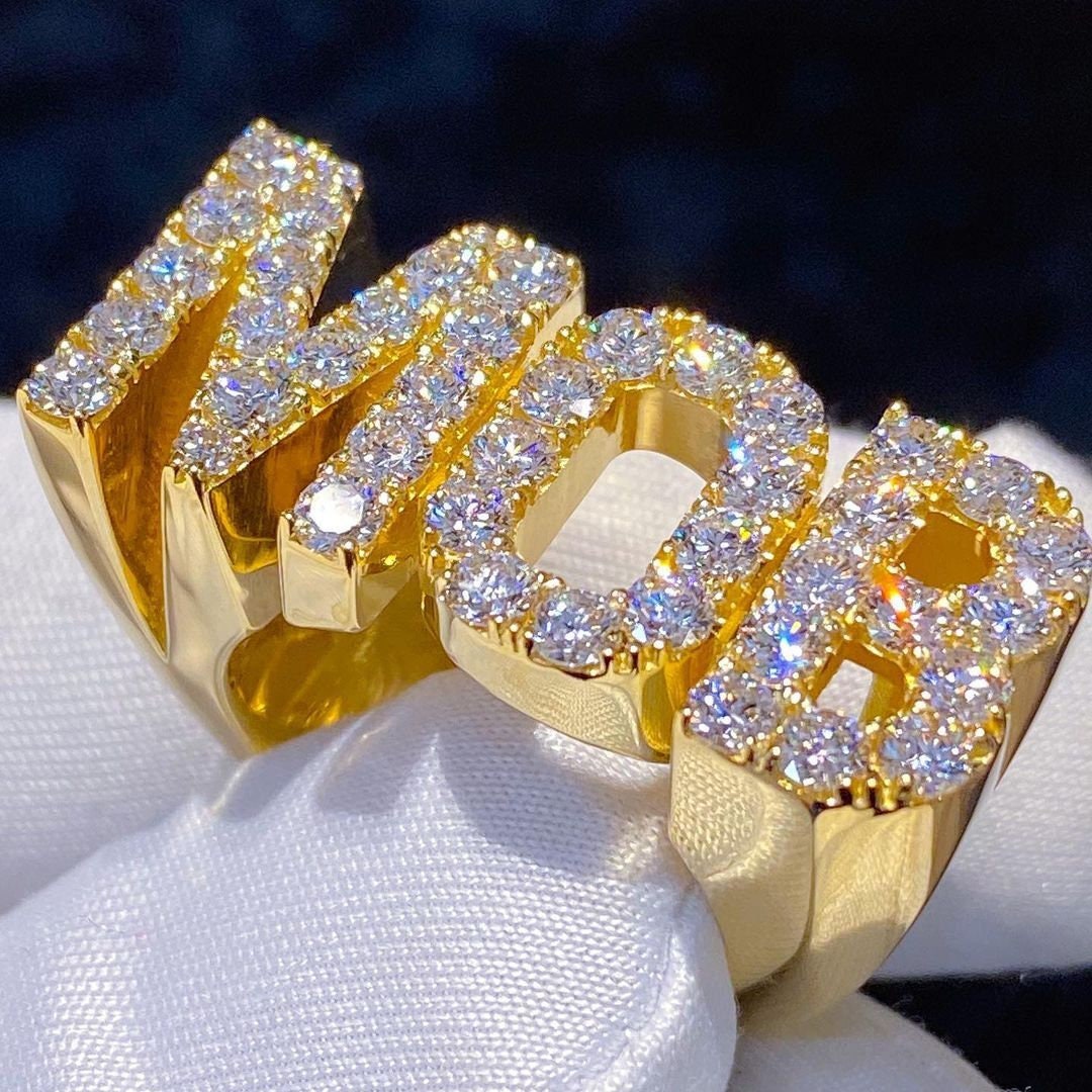 Iced Out Initial Letter Ring 925 Silver Moissanite Name Pinky Ring, Hip ...