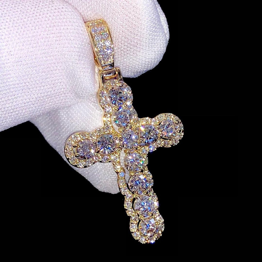 Iced Out Real VVS Moissanite Round Cross Charm Necklace, 14K Yellow ...