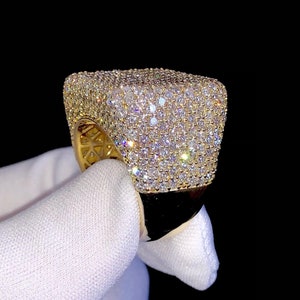 14K Yellow Gold Champion Ring, Full Ice Out Baguette Diamond Ring Real ...
