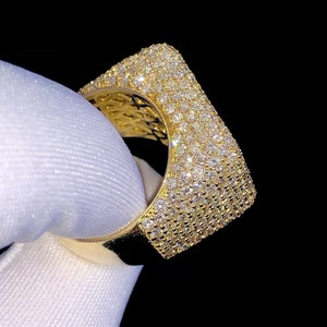 14K Yellow Gold Champion Ring, Full Ice Out Baguette Diamond Ring Real ...