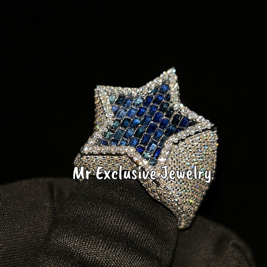 9.21 CT Blue Sapphire Diamond Fully Iced Out Star Ring 925 Sterling ...