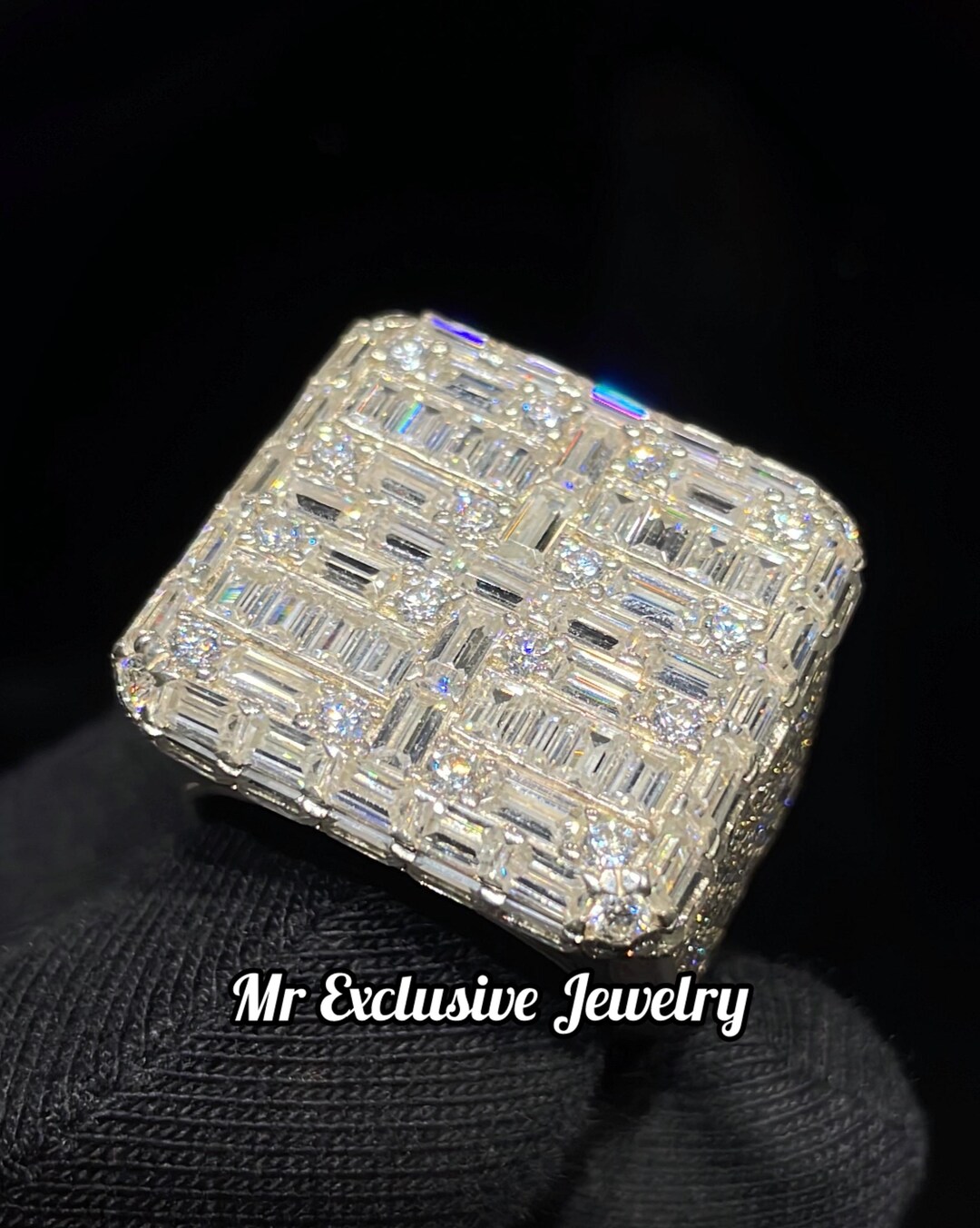 14K White Gold Rapper Men Champion Ring, Trendy Design Baguette Ring ...