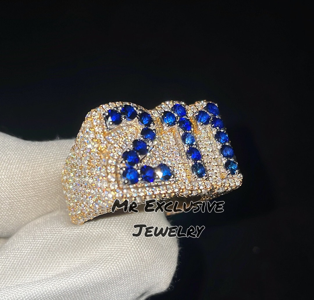 Men's Iced Out Number Pinky Ring 14K Yellow Gold Blue Sapphire Diamond ...