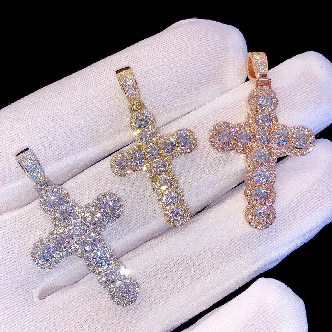 Iced Out Real VVS Moissanite Round Cross Charm Necklace, 14K Yellow ...