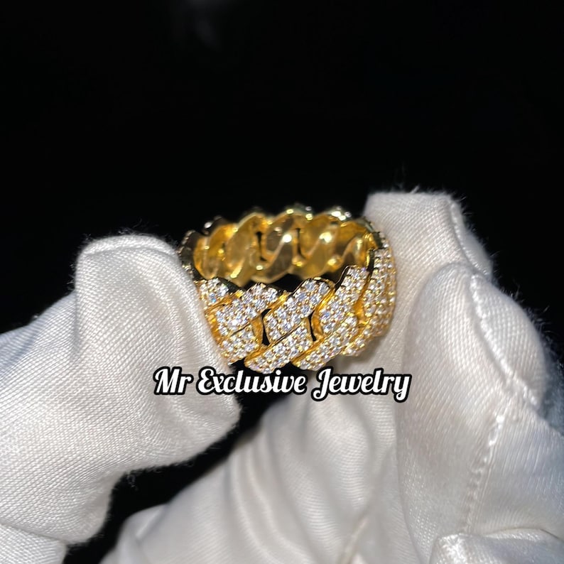 14K Yellow Gold Moissanite Cuban Ring Mens Wedding Band Hip Hop Cuban ...