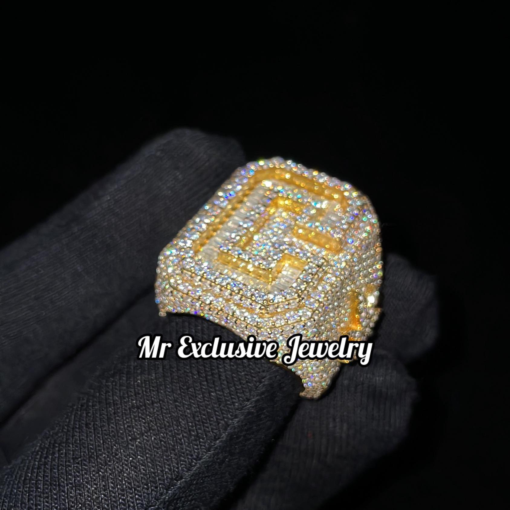 Hip Hop Letter Men Moissanite Champion Ring Round & Baguette Moissanite Ring Iced Out ...