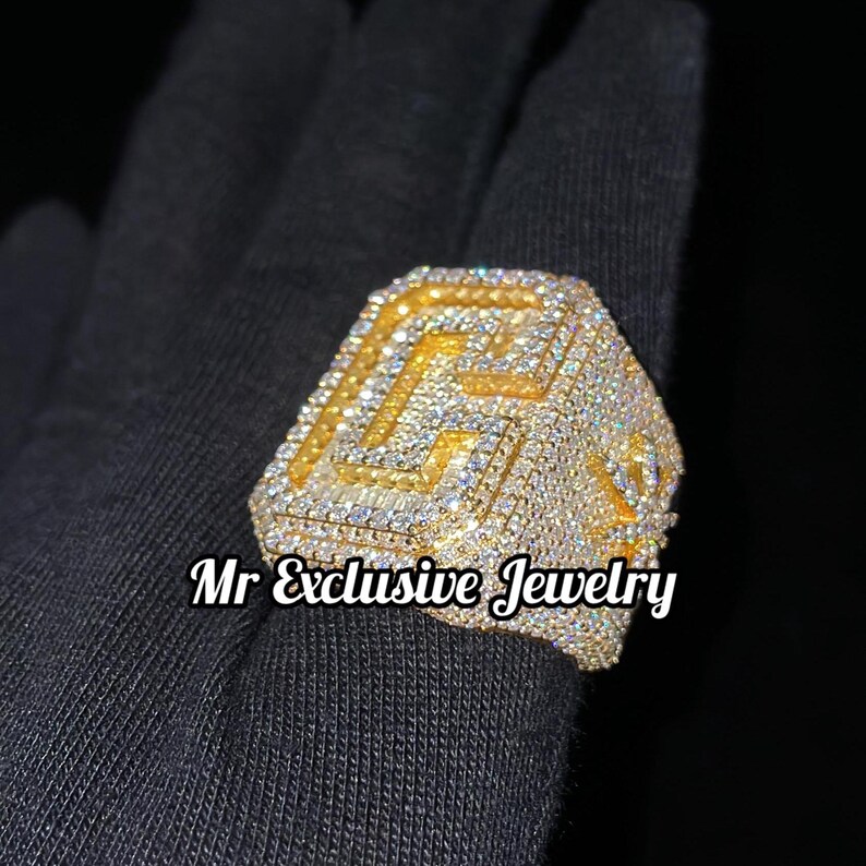 Hip Hop Letter Men Moissanite Champion Ring Round & Baguette Moissanite Ring Iced Out ...