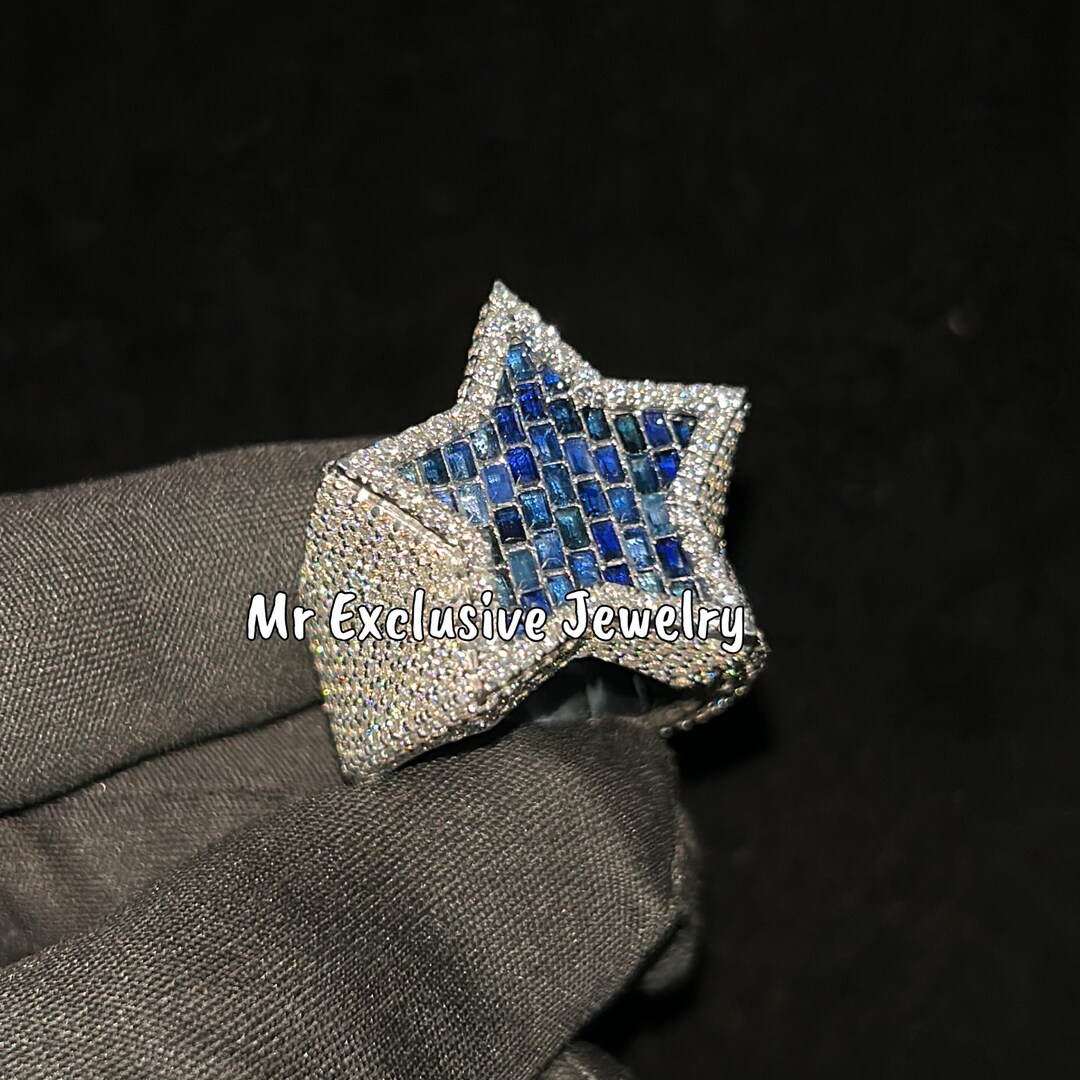 9.21 CT Blue Sapphire Diamond Fully Iced Out Star Ring 925 Sterling ...