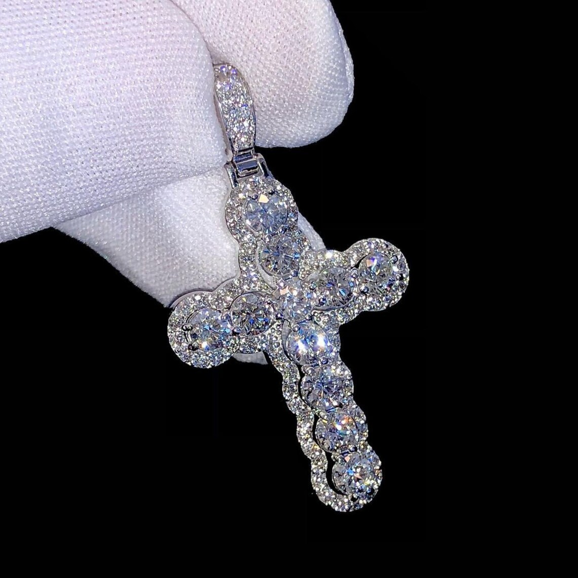 Iced Out Real VVS Moissanite Round Cross Charm Necklace, 14K Yellow ...