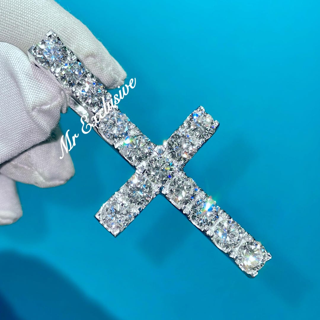 Iced Out Real VVS Lab Diamond Round Cross Charm Necklace, 14K White ...