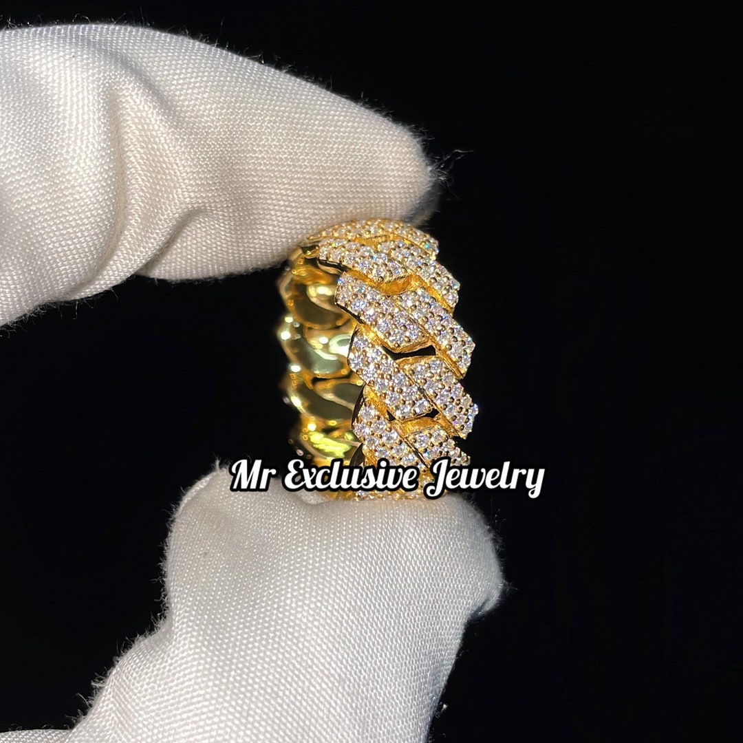 14K Yellow Gold Moissanite Cuban Ring Mens Wedding Band Hip Hop Cuban ...