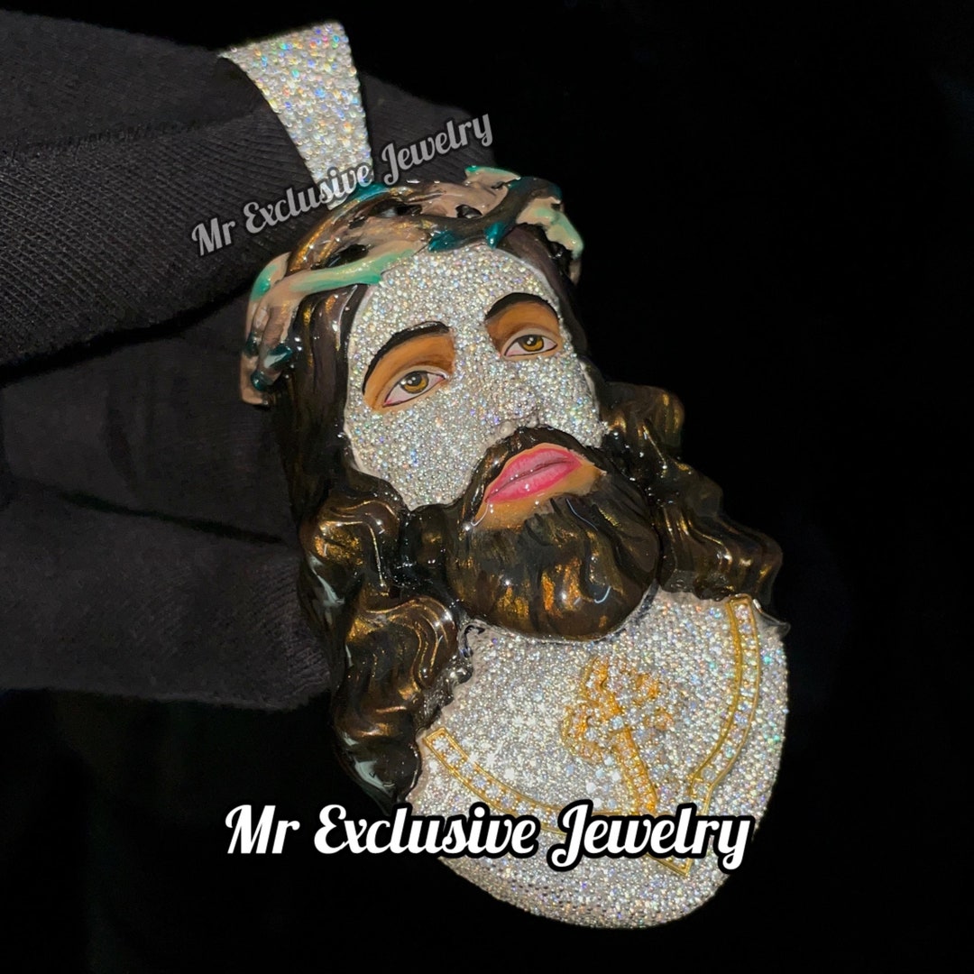 Iced Out Moissanite Jesus Face Pendant, VVS Diamond Jesus Face Enamel ...