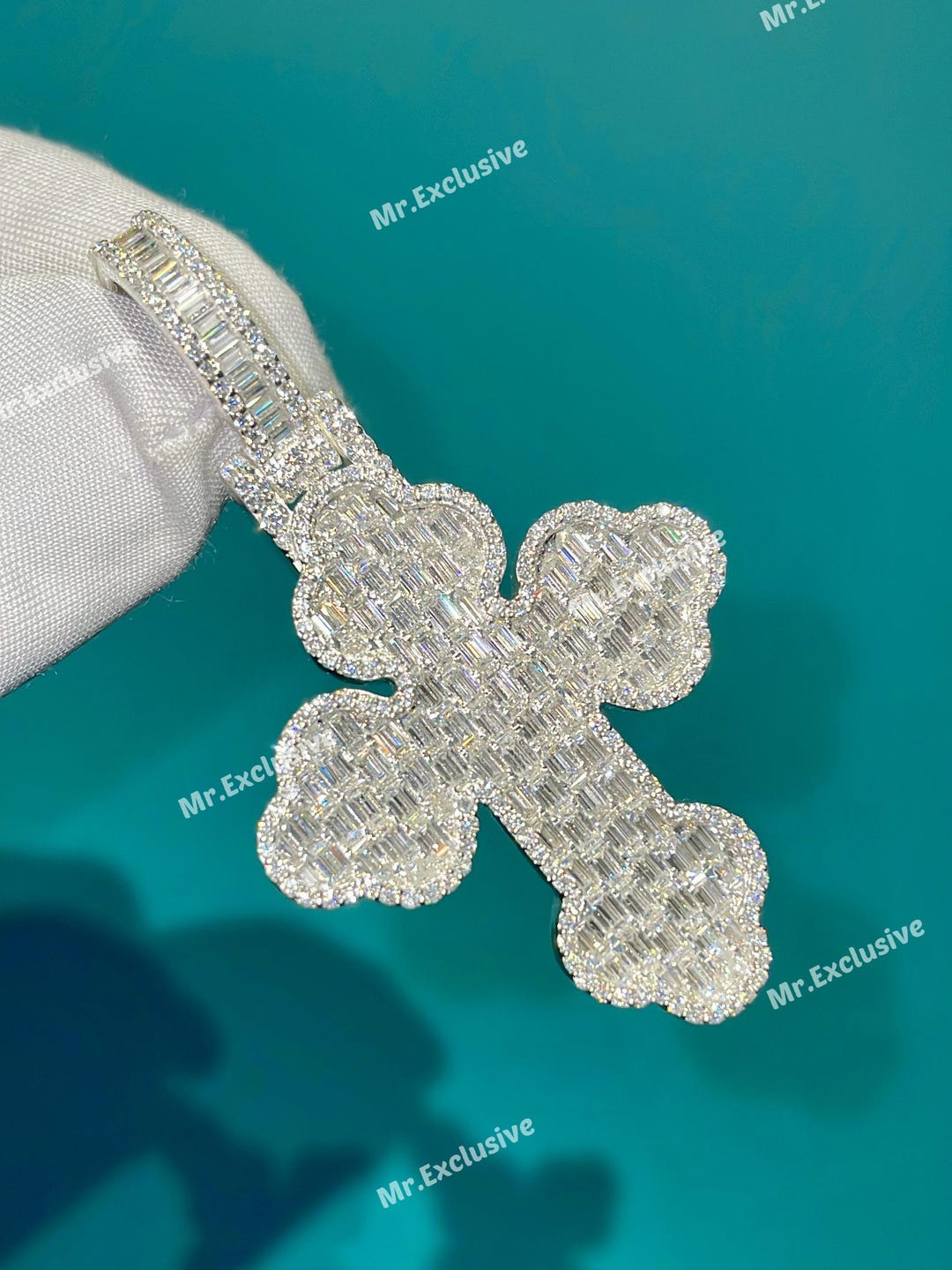 14K Solid Gold VVS Lab Diamond Cross Pendant Custom Baguette Lab Grown ...