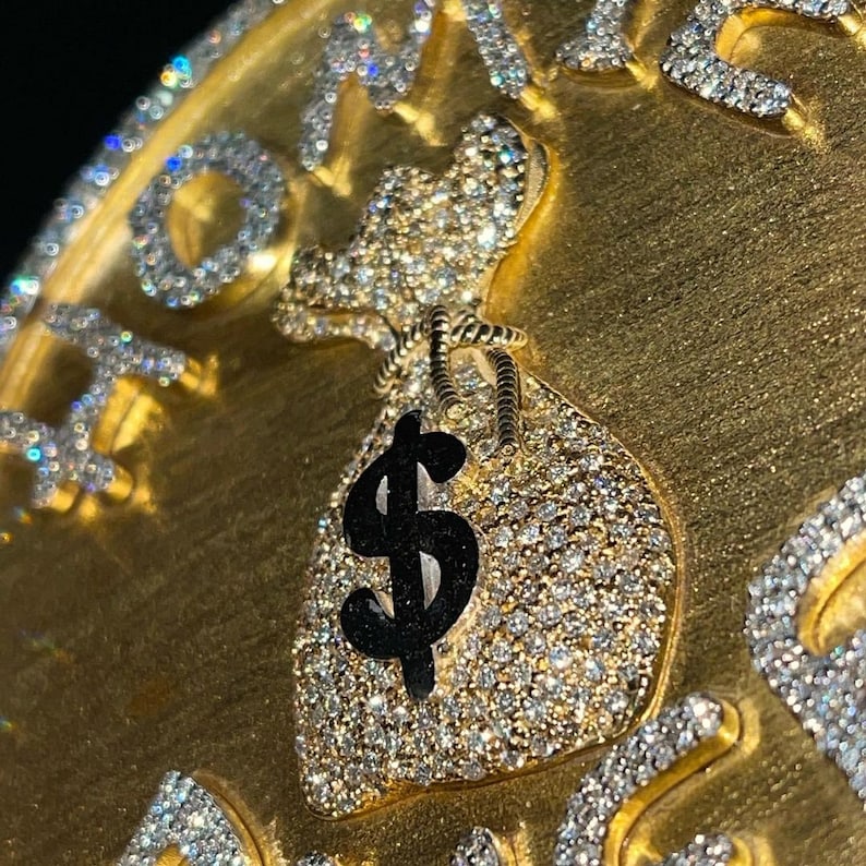 Men's Hip Hop Money Bag Circle Pendant Real VVS Moissanite Diamond Stud ...