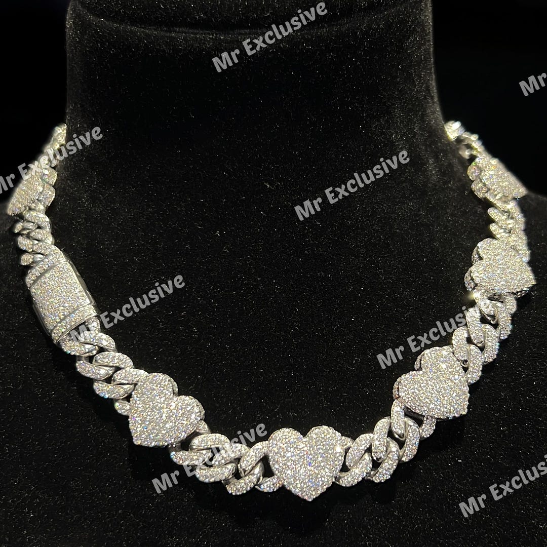 10mm VVS Diamond Heart Cuban Link Chain 925 Silver Women Hip Hop Party ...