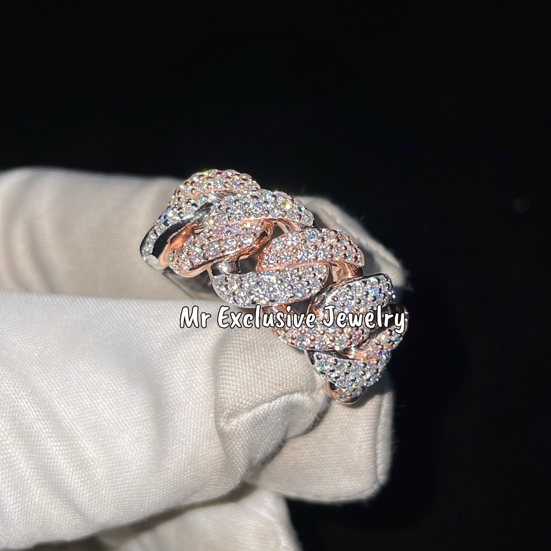 18K Two Tone Gold Men's Cuban Ring, Half Iced Out VVS Moissanite Cuban ...