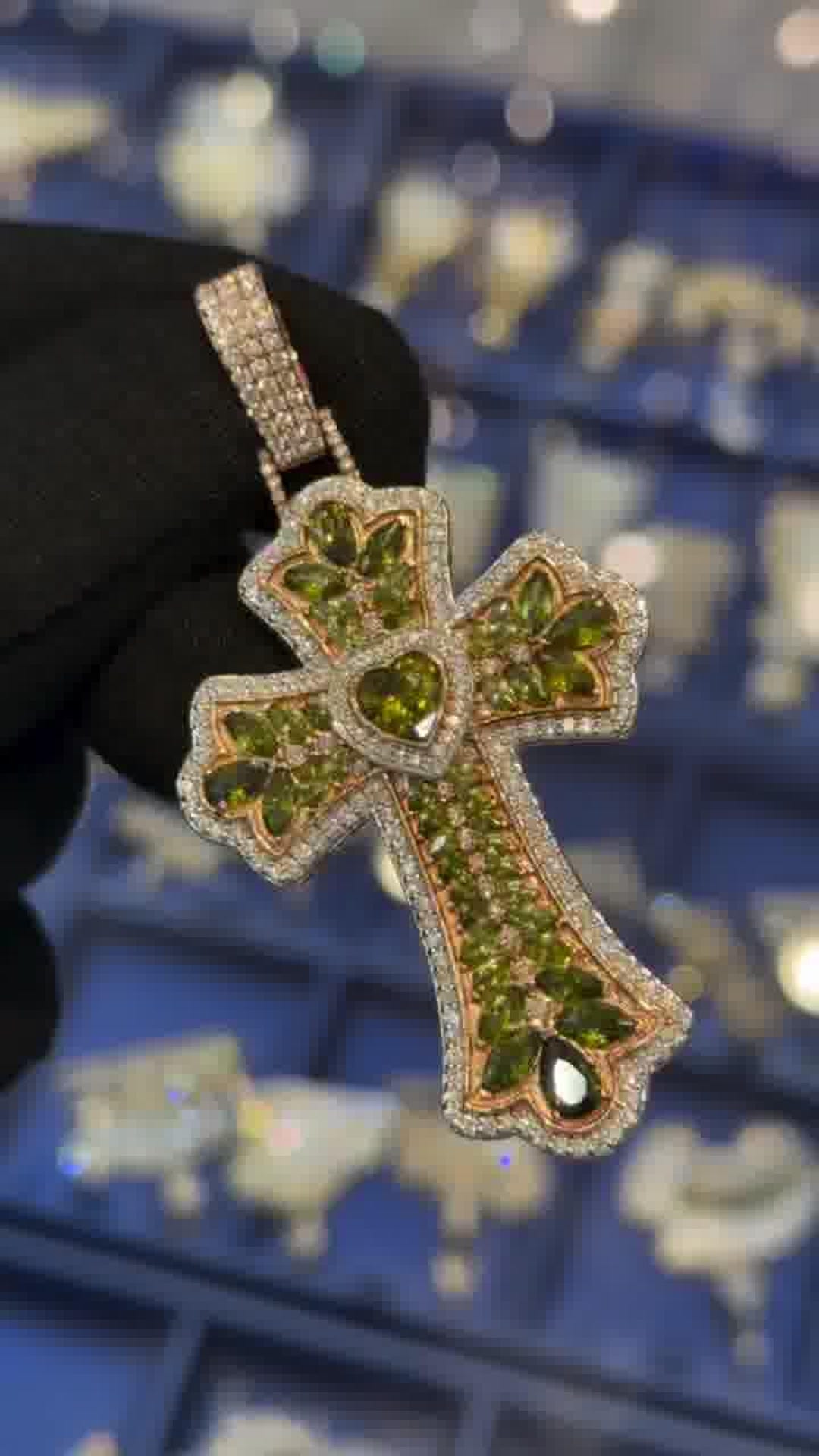 Custom VVS Moissanite Diamond Cross Pendant Fully Iced Out Green CZ ...