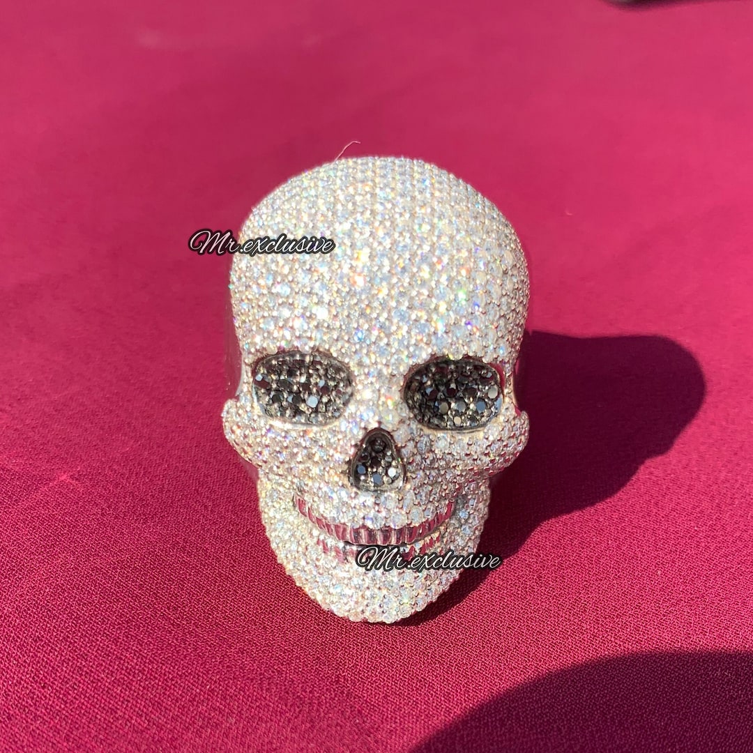 10K White Gold Custom 3D Skull Ring Men's Iced Out VVS Moissanite ...