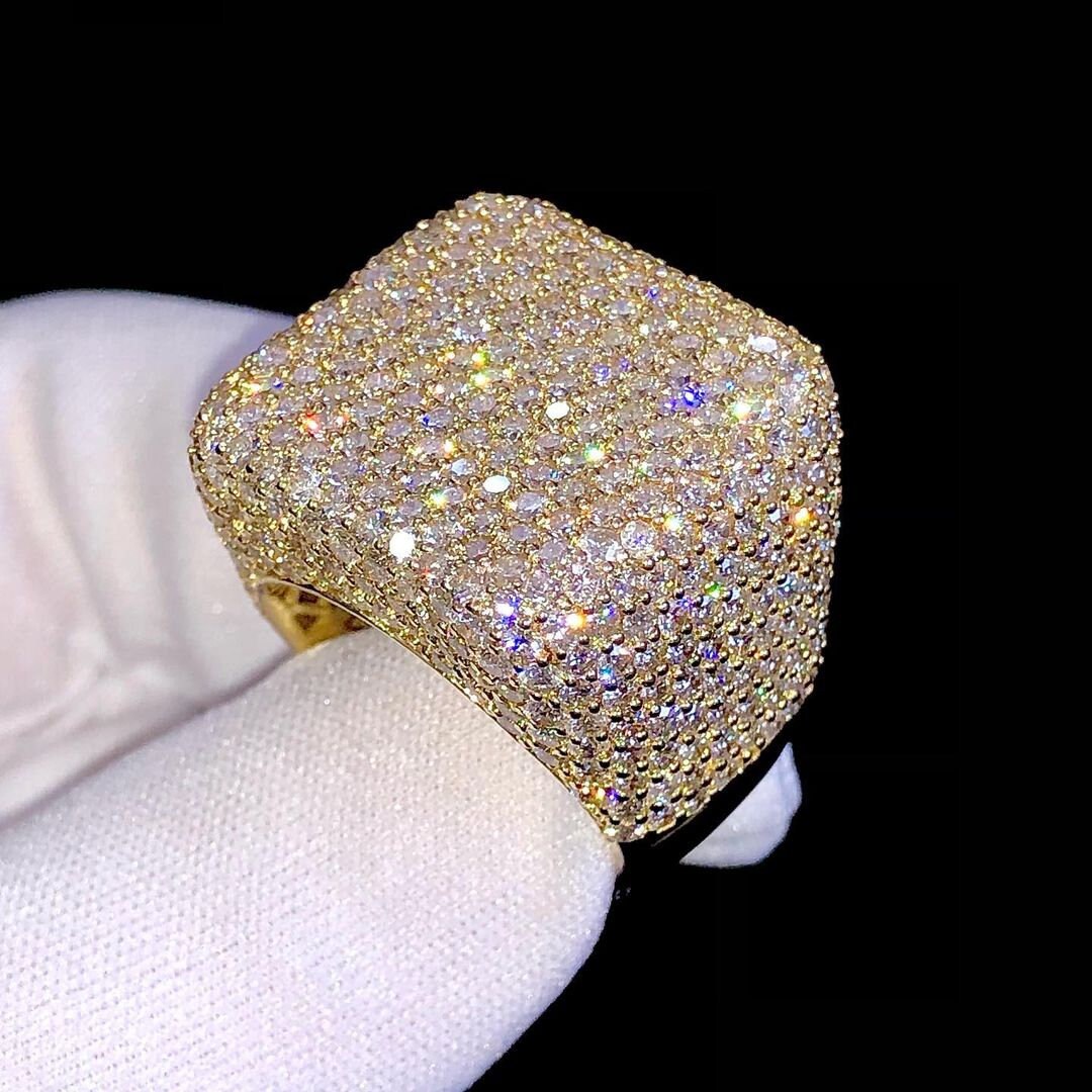 14K Yellow Gold Champion Ring, Full Ice Out Baguette Diamond Ring Real ...