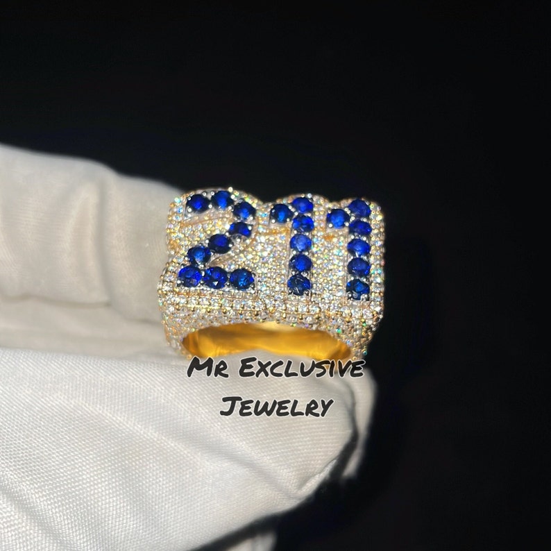Men's Iced Out Number Pinky Ring 14K Yellow Gold Blue Sapphire Diamond ...