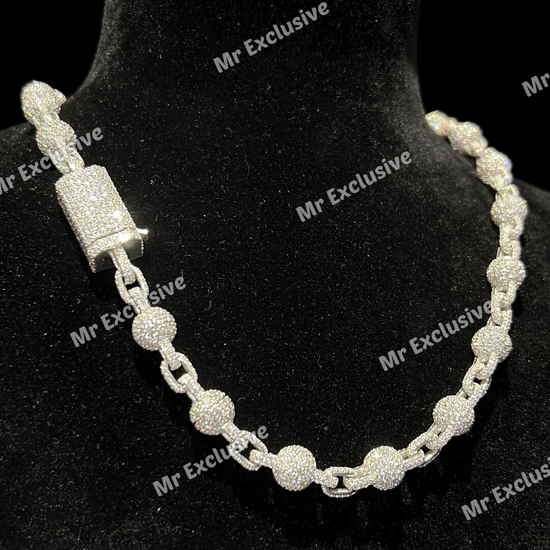 10mm Real VVS Lab Grown Diamond Ball Link Chain 925 Silver Men's ...