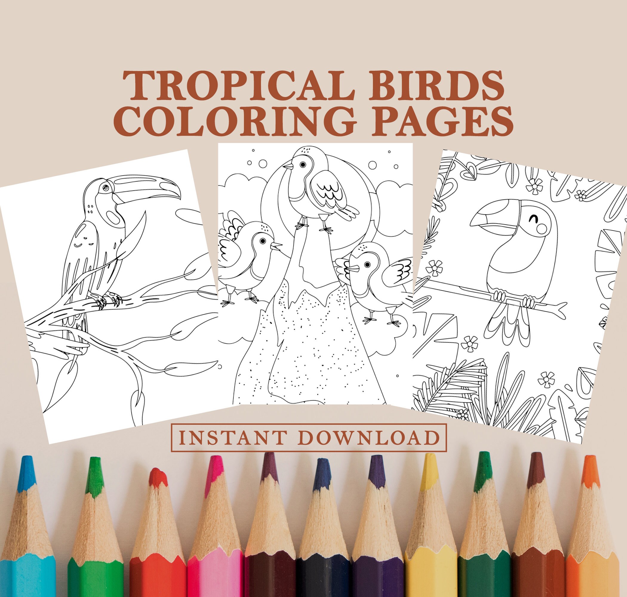 Tropical Birds Coloring Pages for Kids, Kids Acitivty Worksheets, Gift ...
