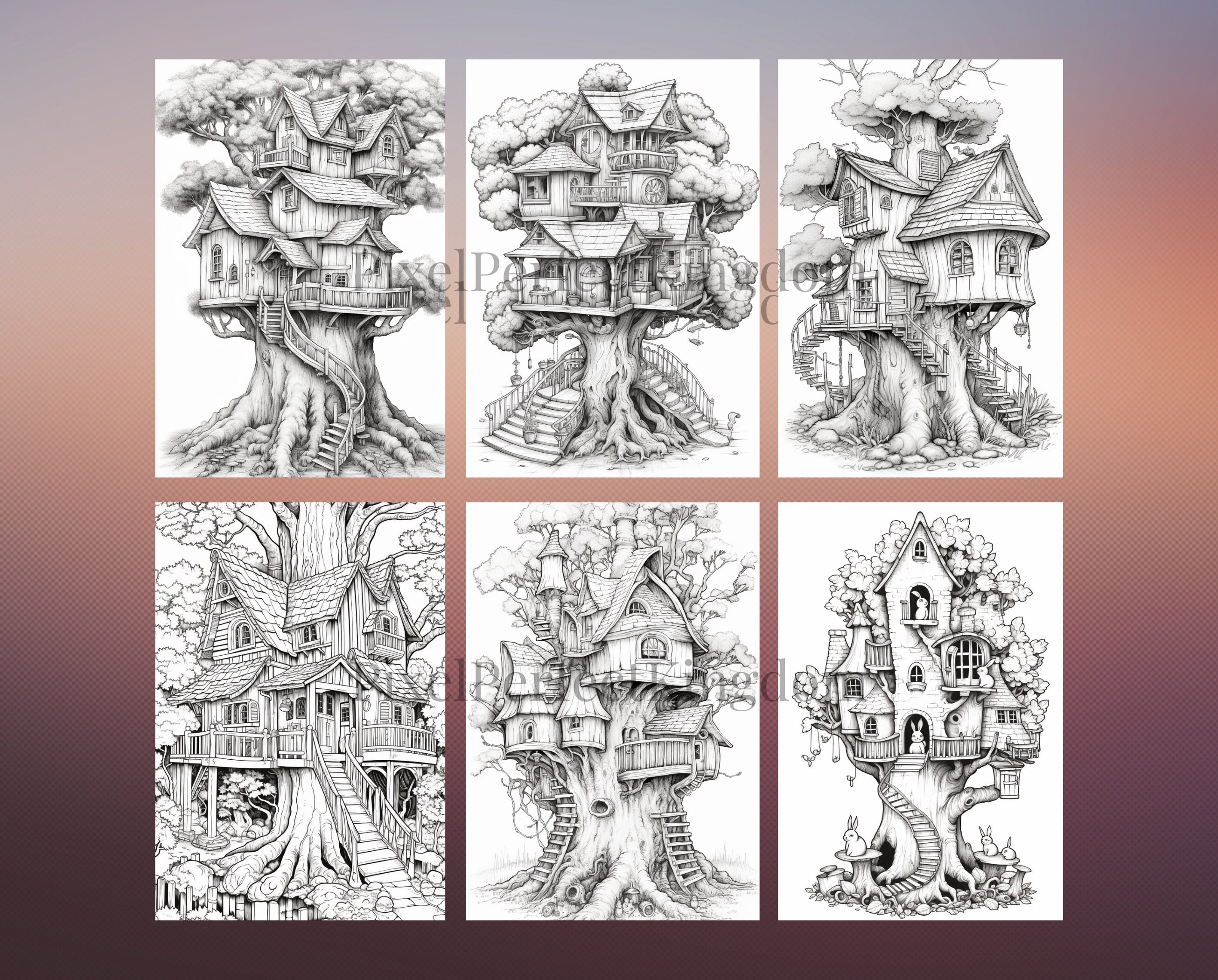 Enchanted Treehouse Coloring Book Adults Kids Coloring - Etsy