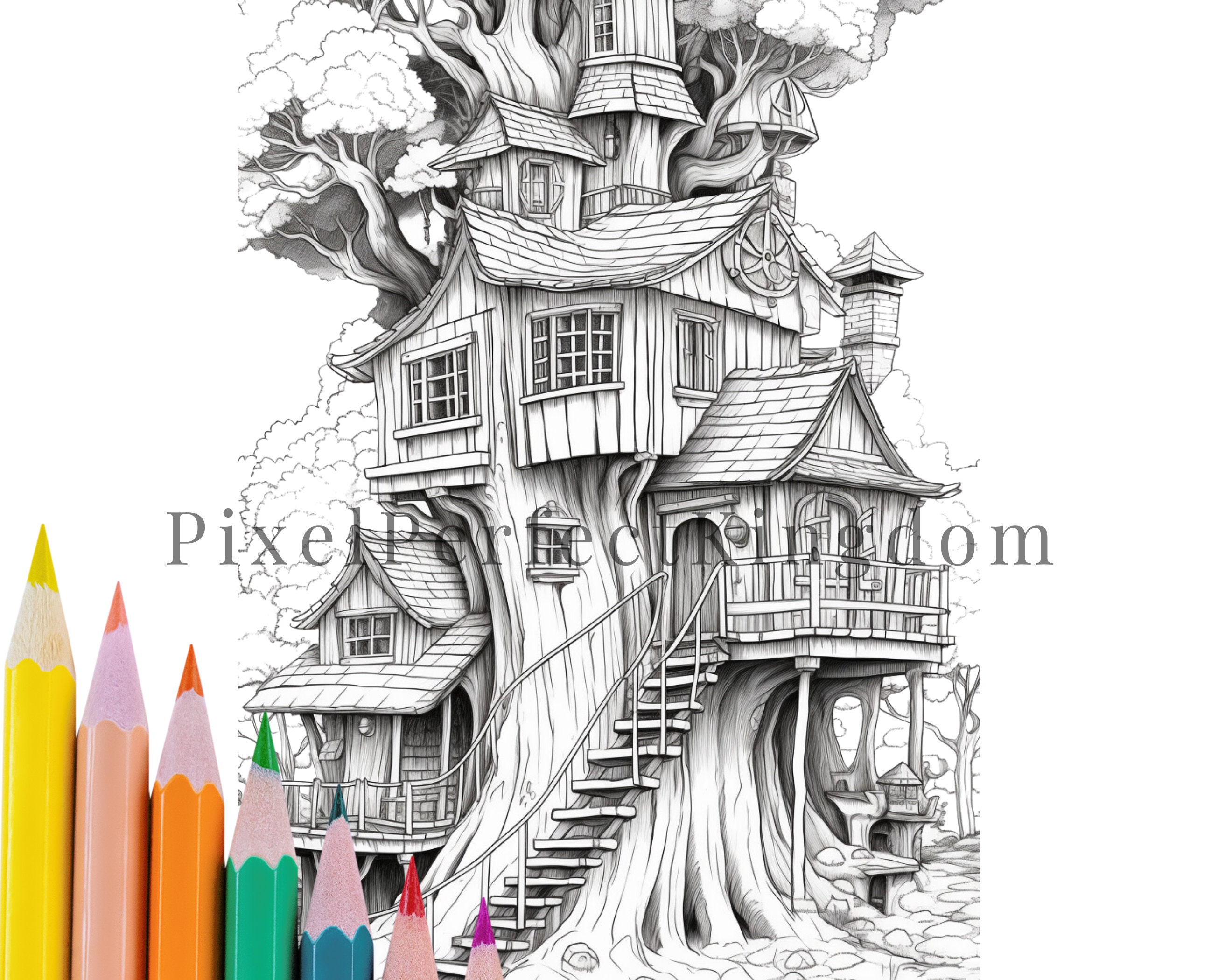 Enchanted Treehouse Coloring Book Adults Kids Coloring - Etsy