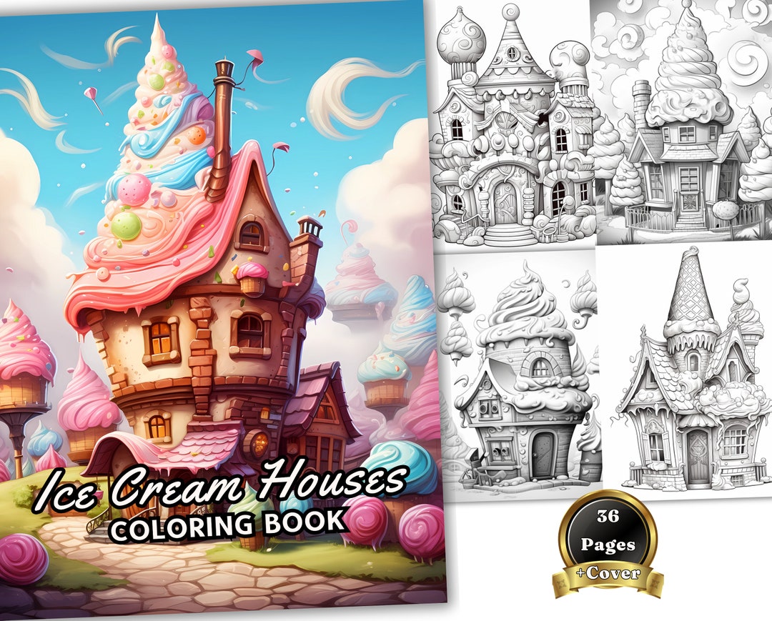 36 Ice Cream Houses Collection Coloring Page, Adults Kids Instant ...