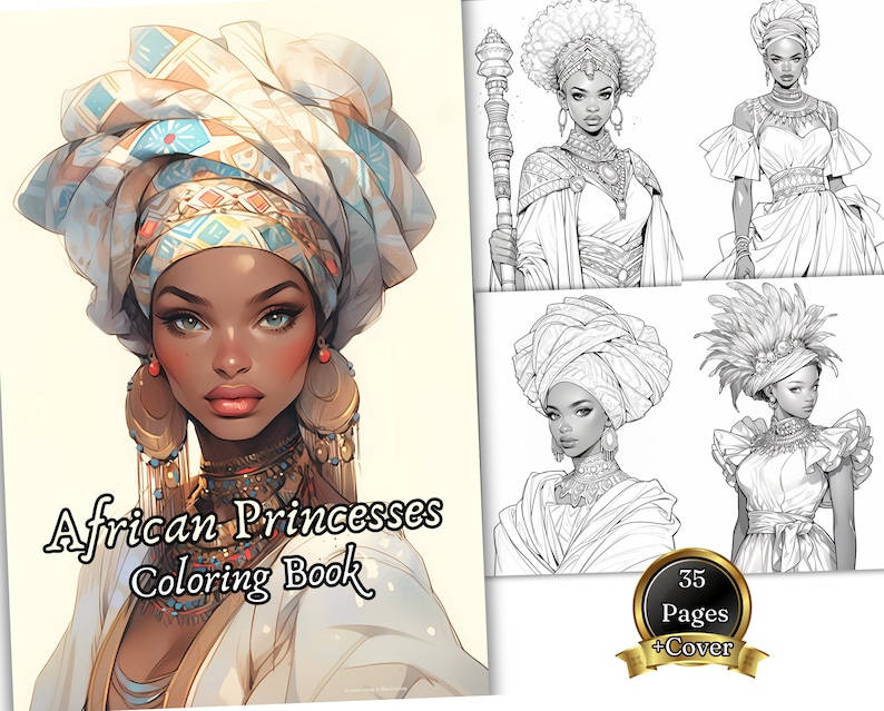 35 African Princesses Digital Coloring Book, Black Girls Colouring ...