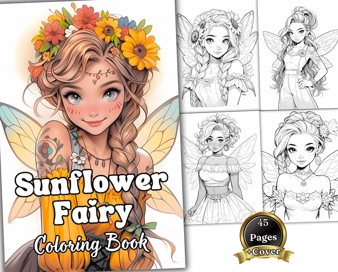 45 Sunflower Fairy Grayscale Coloring Pages, Fantasy Spring Summer Girl ...