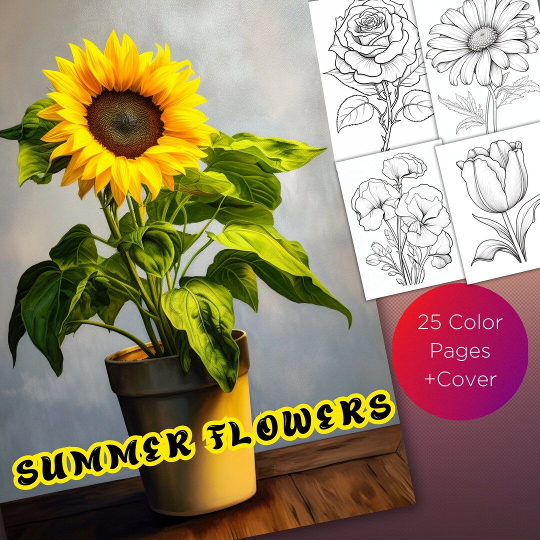 Flower Coloring Page Book, Summer Collection, Adults Kids Instant ...
