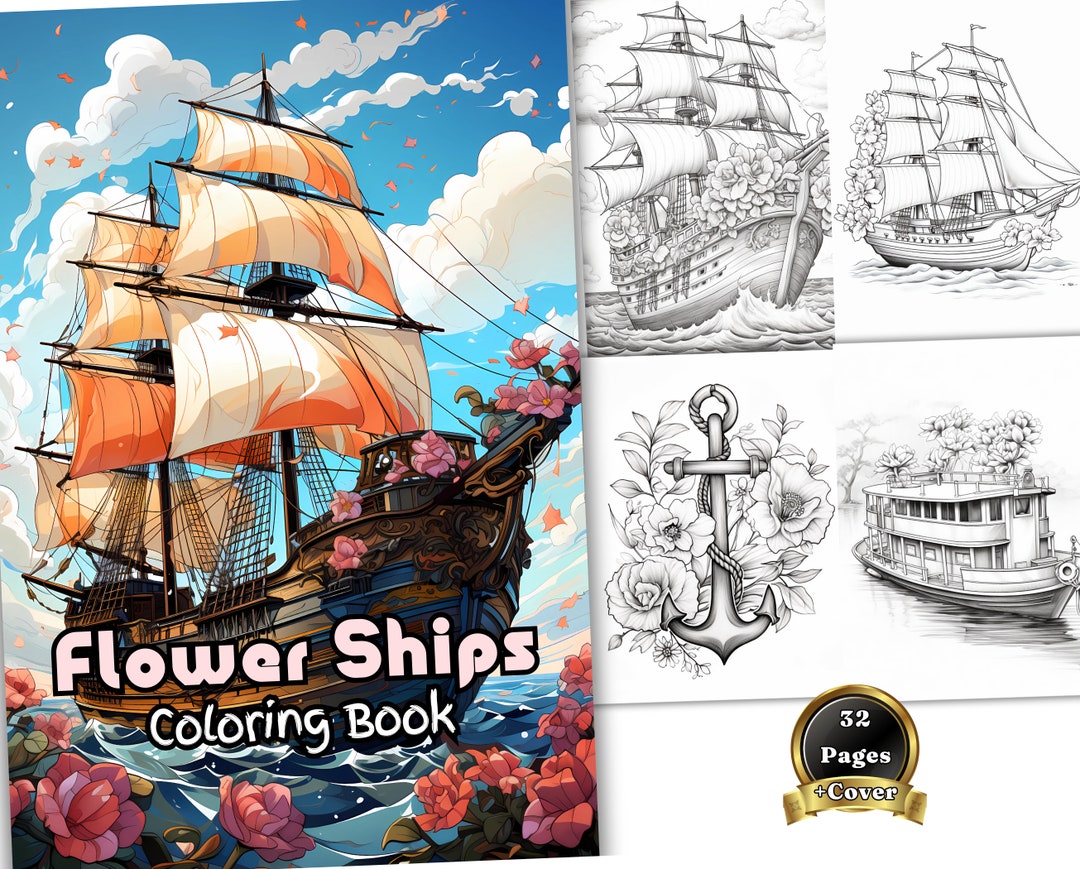 32 Flower Ships Coloring Page, Adults Kids Instant Download Grayscale ...