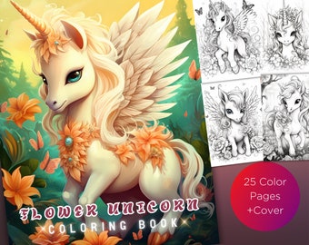 25 Flower Unicorns Fantasy Coloring Page Book, Adults Kids Instant ...