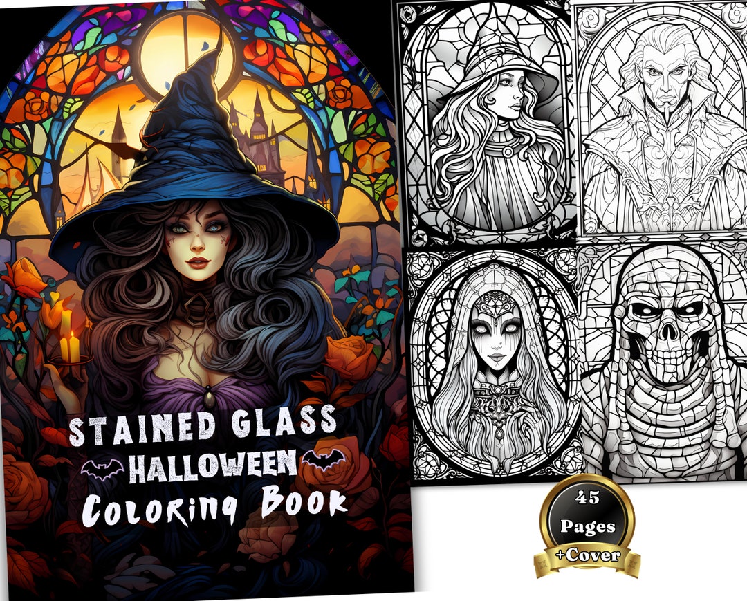 45 Stained Glass Halloween Coloring Book, Creepy Adults Grayscale ...