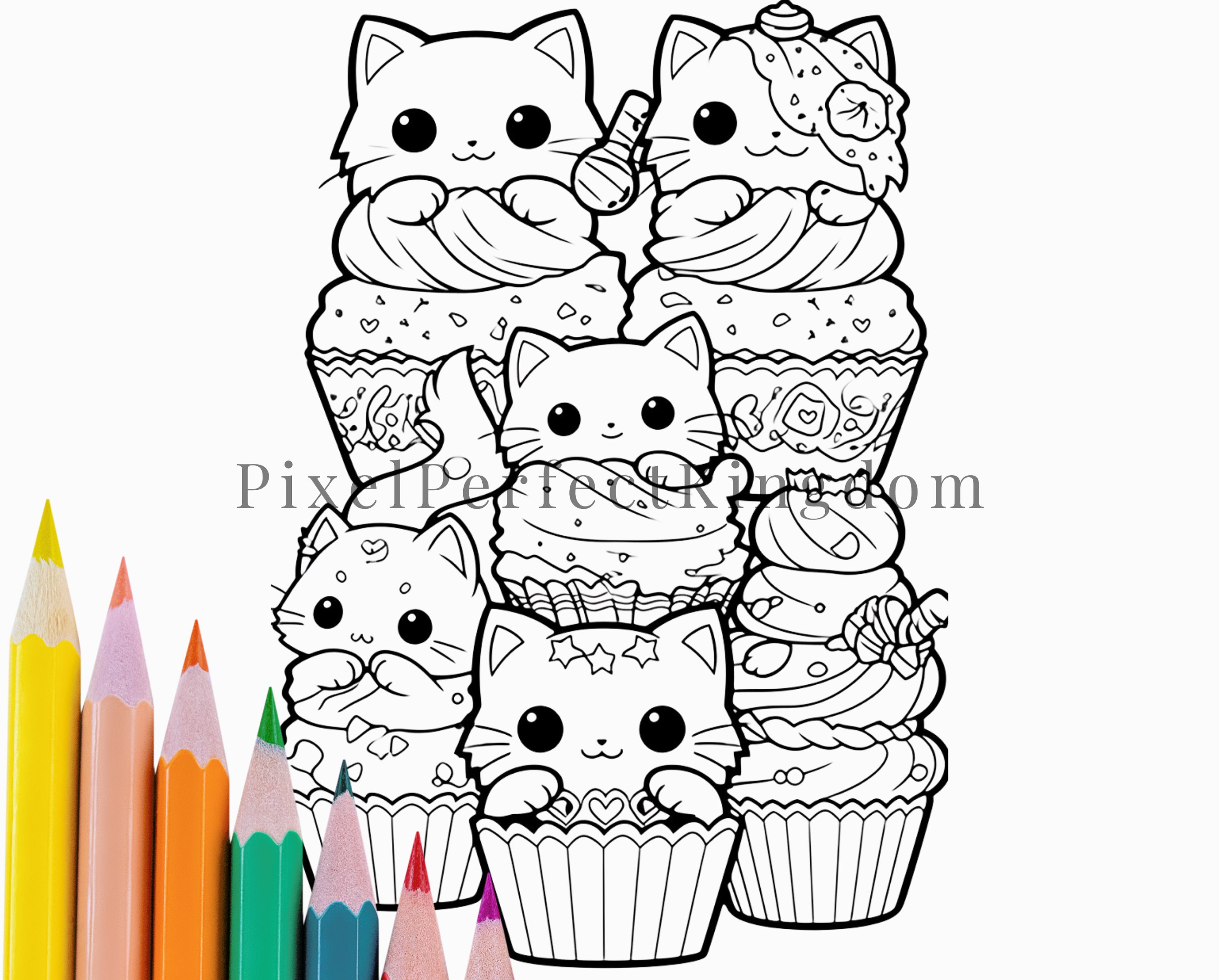 50 Cute Kawaii Cupcakes Cats Coloring Pages Adults and Kids - Etsy
