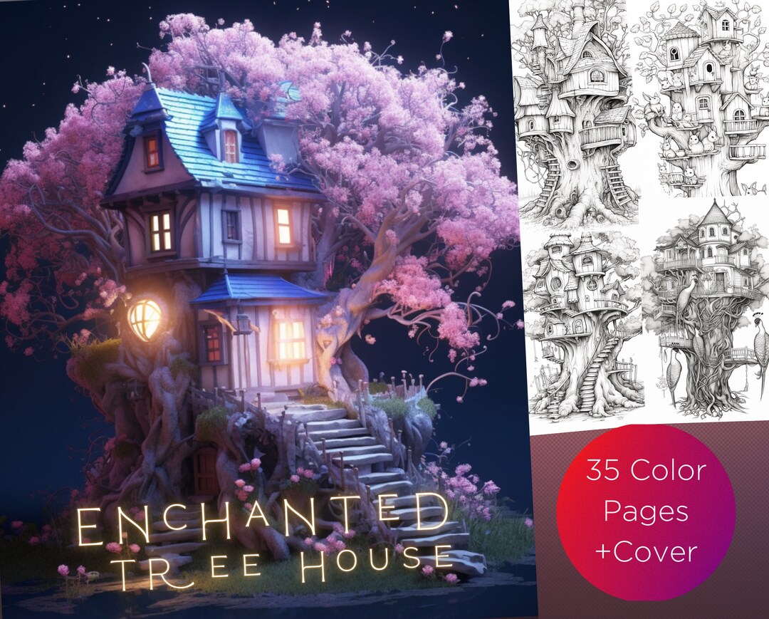 Enchanted Treehouse Coloring Book Adults Kids Coloring Pages, Instant ...