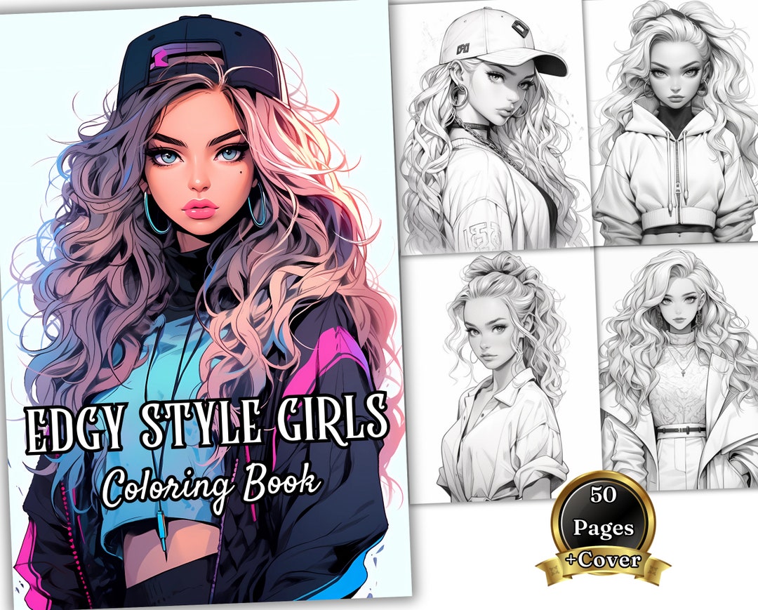 50 Beautiful Girl in Edgy Style Fashion Clothes Digital Coloring Book ...