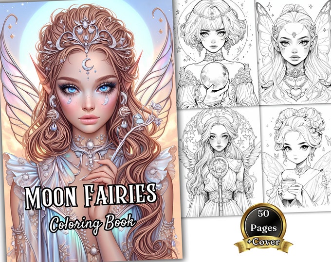 50 Moon Fairies Coloring Pages, Coloring Book for Adults and Kids ...