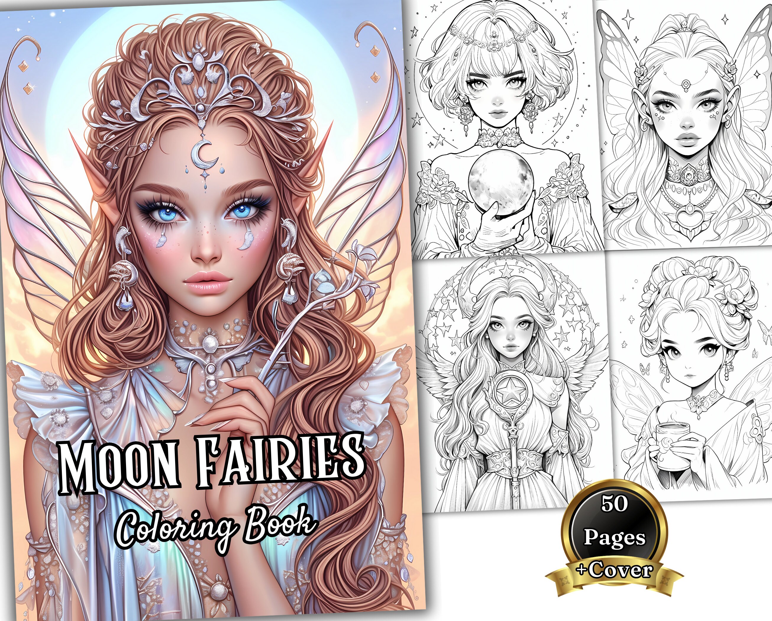 50 Moon Fairies Coloring Pages, Coloring Book for Adults and Kids ...