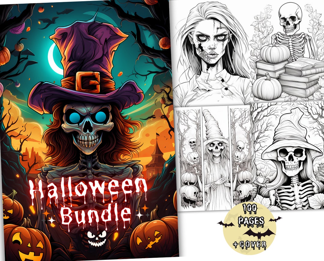 100 Halloween Big Bundle Coloring Book, Printable Gothic Creepy Pumpkin ...
