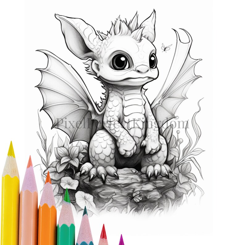 Baby Flower Dragon Fantasy Coloring Page Book Adults Kids - Etsy