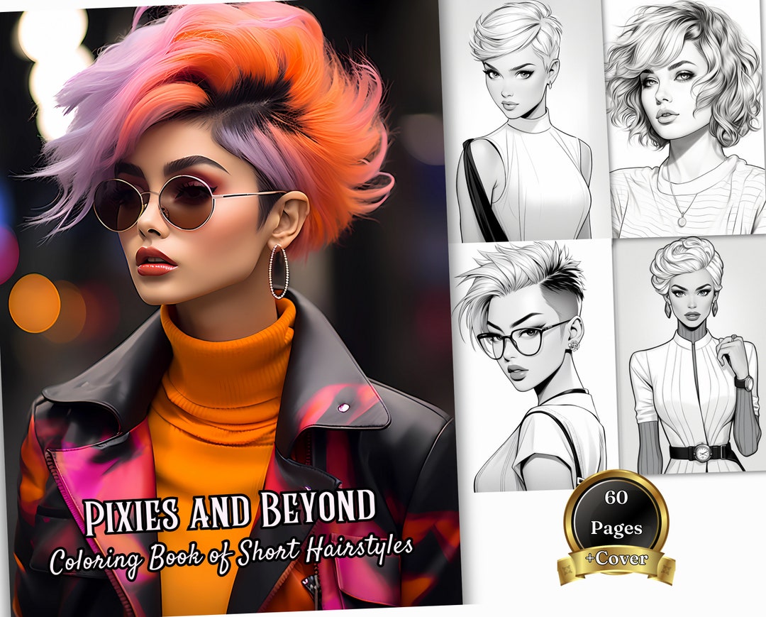 60 Pixie Power Hairstyles Digital Coloring Book, Fashion Girls Haircut ...