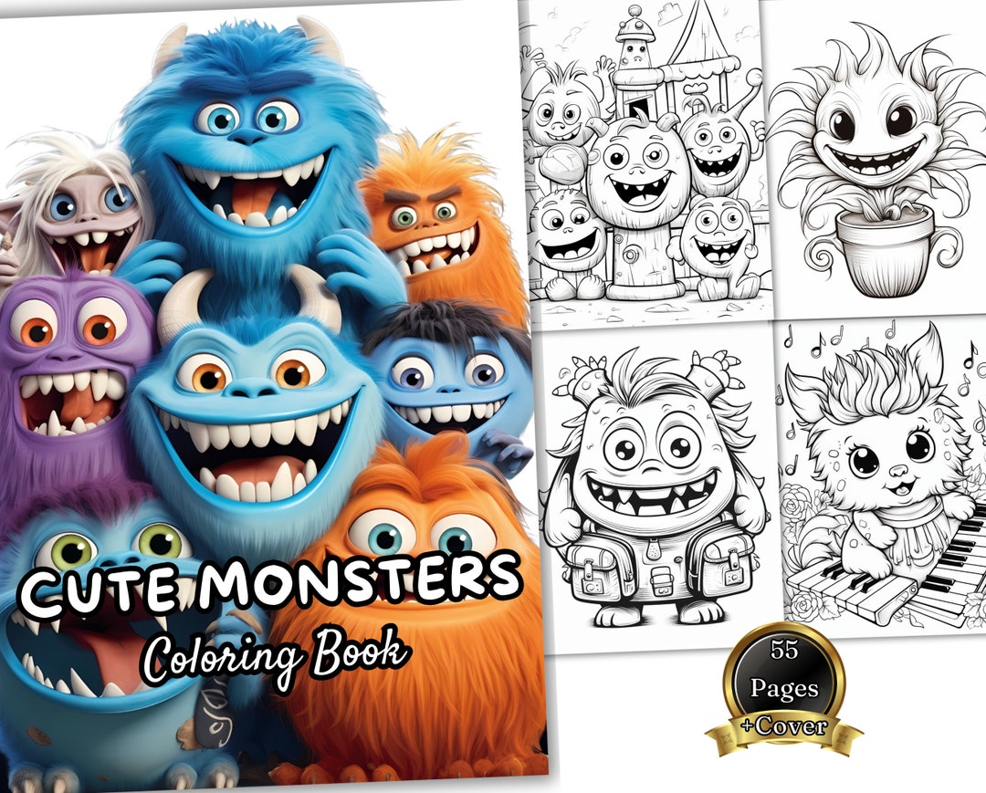 55 Cute Monsters Coloring Book, Adults Kids Download Grayscale Coloring ...