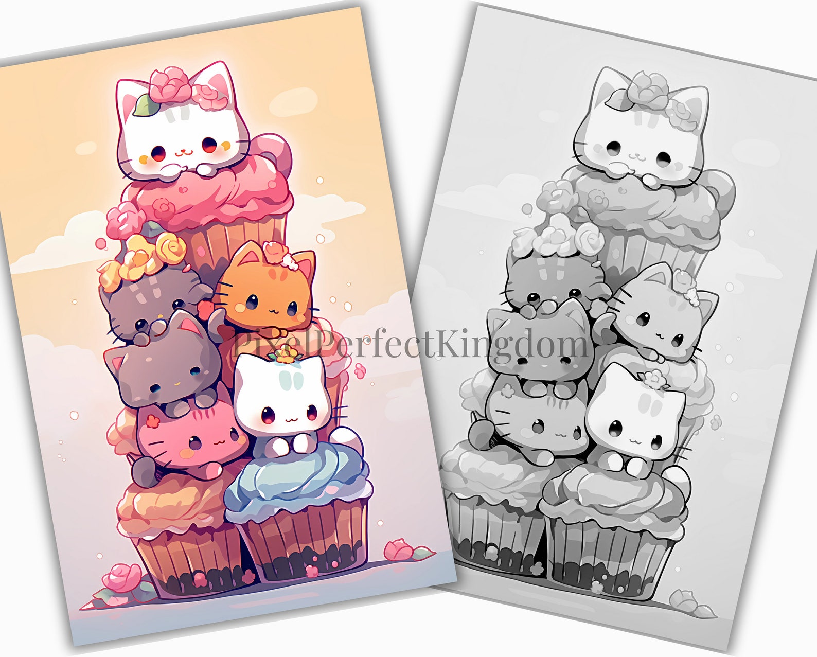 50 Cute Kawaii Cupcakes Cats Coloring Pages Adults and Kids - Etsy